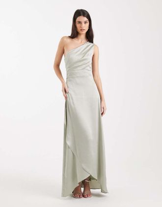 Tfnc Bridesmaid - Satin-Maxikleid in Salbeigr&uuml;n mit One-Shoulder-Tr&auml;ger und Wickelrock