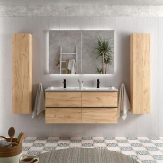 Cygnus Bath Meuble salle de bain - 120 cm - Plan double vasques c&eacute;ramique - Effet ch&ecirc;ne brut - poign&eacute;es noires - a suspendre - aruba
