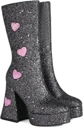 Generic Bottines courtes pailletées pour femme avec talon bloc épais et bout rond - Chaussures de combat tendance avec fermeture éclair et coeur, Noir, 39.5 E