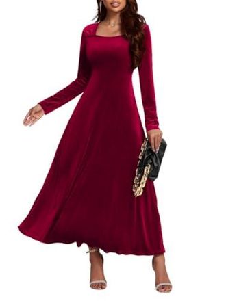 ORANDESIGNE Robe en Velours Femme Longue Robe de Soir&eacute;e Automne Hiver &Eacute;l&eacute;gant Robes Velours Manches Longues Maxi Robes Cocktail de No&euml;l D Bordeaux XL