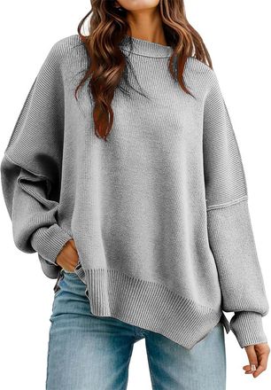 OLIPHEE Einfarbig Strickpullover Damen mit Geschlitztem Saum Rundhals Pullover Damen Herbst Winter Elegant Sweater Damen Strick Grau L