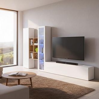 Dmora Ausgestattete Wand Eugenio, 3-t&uuml;riges TV-St&auml;nder-Wohnzimmerset, Mehrzweck-Wohnzimmerm&ouml;bel mit Vitrine und LED-Licht, 100% Made in Italy, 320 x 30 x 18