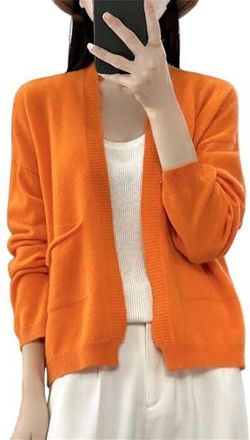 Generic Cardigan tricot&eacute; en laine fine m&eacute;lang&eacute;e &agrave; col en V sans boucle pour femme, Orange, XS