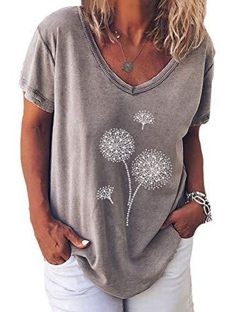 ORANDESIGNE Femme Tee-Shirt Mode Manches Courtes Col V Tops &Eacute;t&eacute; Chic Imprim&eacute; Loose Tunique Haut L&acirc;che Chemise Casual Grande Taille D Gris S