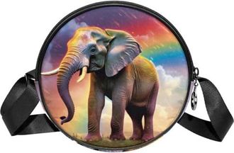 Generic Sac &agrave; bandouli&egrave;re rond pour femme, motif &eacute;l&eacute;phant, arc-en-ciel, avec fermeture &eacute;clair, bretelles r&eacute;glables, sac &agrave; main rond d&eacute;contract&eacute; pour femmes et