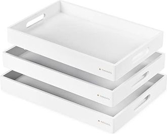 Navaris Plateau de Service rectangulaire - Lot de 3 Plateaux en Bambou avec 2 Poign&eacute;es - Taille S M L pour Petit D&eacute;jeuner et Repas