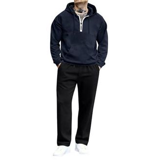Generic Survêtement athlétique 2 pièces pour homme - Pull à capuche et pantalon de jogging en coton mélangé - Manches longues avec poches, bleu marine, XXL