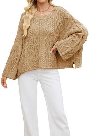 Generic Pull court surdimensionn&eacute; &agrave; col ras du cou en tricot torsad&eacute; avec longues manches &eacute;vas&eacute;es pour lautomne et lhiver - Pull d&eacute;contract&eacute; et doux pour femm