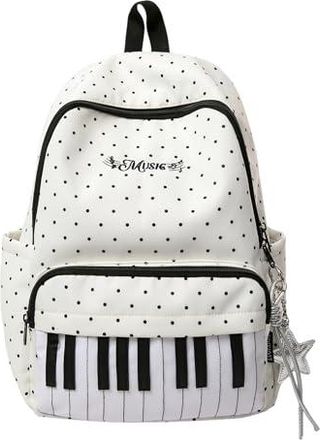 Generic Sac &agrave; dos en nylon &agrave; pois avec cl&eacute; de piano 42 cm avec pendentif pour adolescentes, voyage, shopping, usage quotidien, blanc, 16.93x11.81x5.51inch