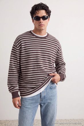 Trendyol MAN Herren Braun Gestreift Lang Oversize Sweatshirts