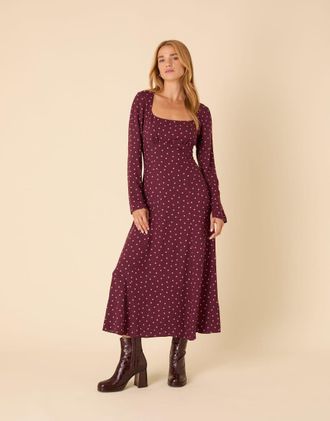 Nobody's Child Delilah - Midikleid in Pflaume mit Polka Dots und eckigem Ausschnitt