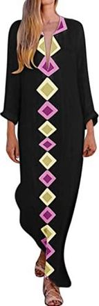 Generic Robes boh&egrave;me pour femmes, robe d&eacute;contract&eacute;e, imprim&eacute; tendance, col en V, manches longues, maxi, Noir, 3XL