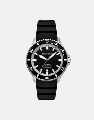 Emporio Armani Sea Explorer - Herrenuhr in Silberoptik mit Silikonarmband in Schwarz
