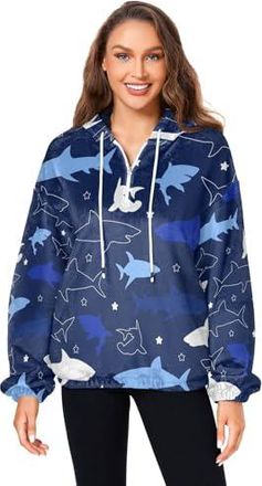 HMZXZ Sweat &agrave; capuche en polaire pour femme et fille, motif requin, &eacute;toiles, motif poisson, fermeture &eacute;clair 1/4, multicolore, L