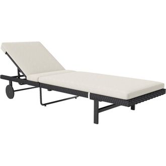 OUTSUNNY Bain de soleil transat inclinable 2 roues - &eacute;pais matelas int&eacute;gr&eacute; blanc cass&eacute; - acier r&eacute;sine tress&eacute;e noir