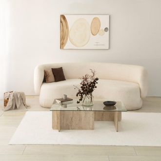 Hanah Home Elegant Coffee Table, Travertine Color, 105 x 30 x 65 cm | 100% Glass Top & Melamine Coated Particle Board | Stylish Marble Design for Modern Living S