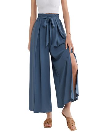 Grace Karin Damen Sommer Hohe Taille Weites Bein Hosen mit Taschen Leicht Palazzo Hose Blau XXL