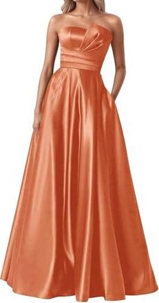 Generic Robe de bal longue sans bretelles en satin pour femme - Robe de soir&eacute;e formelle sans manches, Orange, 48 Grande taille