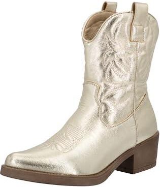 Elara Bottes Femme Bottines de Cowboy Chunkyrayan DES952P Golden PU 40