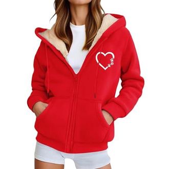 Generic Veste en peluche pelucheuse pour femme - Pour la Saint-Valentin - Sweat à capuche vintage - Imprimé coeur - Pour femme - Y2k, Rouge, L