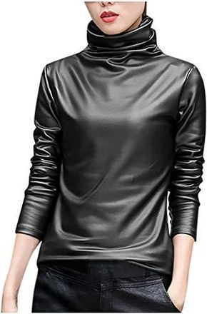 Generic Haut thermique pour femme, col roul&eacute; &agrave; manches longues - Couleur unie scintillante - Tunique basique polyvalente confortable et chaude - Chemise ajust