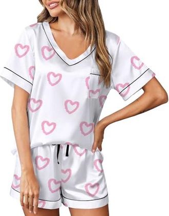 Generic Ensemble de pyjama en soie pour femmes pour la Saint-Valentin 2026 - Ensemble de pyjama pour caraco en satin, lingerie &agrave; col en V et short de voyage (