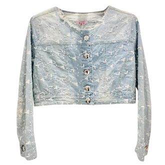 Blumarine Filigree Embroidered Pale Blue Cropped Jacket Size M