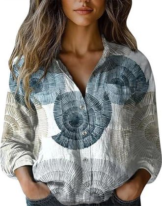 Generico Chemise Femme D&eacute;contract&eacute;e Manches Longues Chemises en Lin Coton Curvy Respirant T Shirt Col en V Doux Chemisier Vintage Imprim&eacute; Boutons Classique Blo