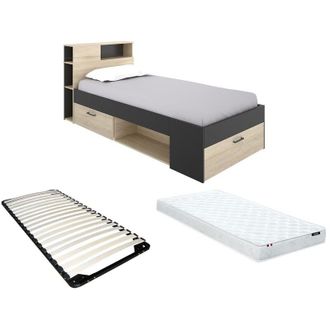 Vente-Unique Lit avec t&ecirc;te de lit rangements et tiroir - 90 x 190 cm - Anthracite et naturel + matelas + sommier - LEANDRE