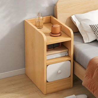 Generic Schmaler Nachttisch Aus Holz Mit Schublade Und Offenem Regal, Moderner Kleiner Beistelltisch for Schlafzimmer Und Wohnzimmer, Natur & Weiß(Natural+Whi