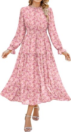 Grace Karin Kleid Damen Sommer L&auml;ssig Chiffon Rundhals Langarm Urlaub Strandkleid leicht und luftig CL0211-11/Hellrosa XXL