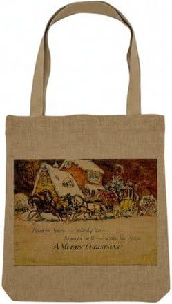 Fabulous Sac Shopping Tote Bag Aspect Lin - Merry Christmas Pere Noel Traineau Peinture Vintage Retro - Sac de Courses Toile Epaisse 360g Beige Naturel Cabas P