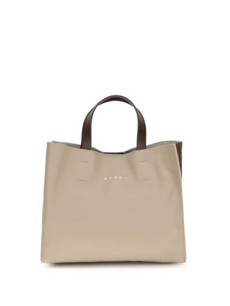 Marni Womens Tote Bag Museo Calf Leather Moon Stone-Dark Burgundy-Coffee Shoulder Stone/dark Burgundy/coffee