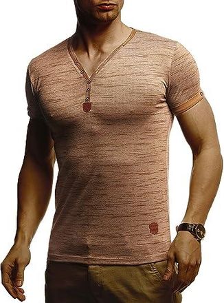 LEIF NELSON LN1390 - T-shirt à manches courtes et col en V pour homme - Coupe ajustée - Style moderne - T-shirt à teneur en coton, Camel Melange., XL