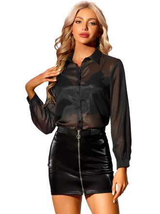Allegra K Damen Bluse Langarm Mesh Tops Knopfleiste Durchsichtiges Elegant Oberteile Schwarz L