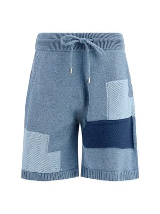 Laneus Mens Shorts Patchwork Cotton Knit Denim Blue-Blue Bermuda Blue/blue