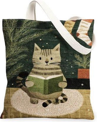Generic Sacs fourre-tout en toile motif chat de No&euml;l, sacs d&eacute;picerie r&eacute;utilisables, l&eacute;gers et lavables, vert, 13x15 Inch