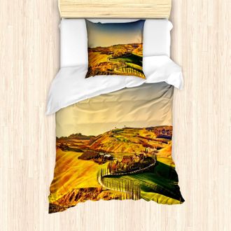 Abakuhaus Italien Bettbezug Set f&uuml;r Einzelbetten, Toskana Crete Senesi, Milbensicher Allergiker geeignet mit Kissenbezug,Marigold Gr&uuml;n Blau