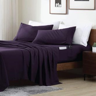 Swift Home Smart Sheets, Ultra Soft Brushed Microfiber 4-teiliges Bettlaken-Set, Spannbetttuch mit Seitentaschen - Aubergine, Queen