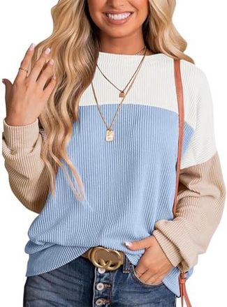 OLIPHEE Sweat Femme sans Capuche Sweatshirt aux Couleurs Patchwork Sweatshirt Côtelé Col Rond Pull Femme T-Shirts à Manches Longues Sweatshirt Femme Casual Au