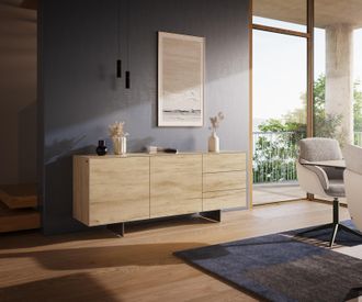 DELIFE Sideboard Cuor 180 cm Keramik Laminam Sabbia Eichefarbig 2 T&uuml;ren 3 Schubf&auml;cher Fu&szlig; Schwebeoptik Edelstahl, Sideboards