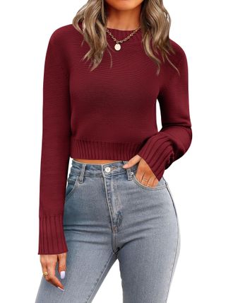 Zeagoo Strickpullover Damen Cropped Pullover Warmer Langarm Pulli Bequem Strick Winterpullover Casual Einfarbig Halbhohem Kragen Sweater Rot S