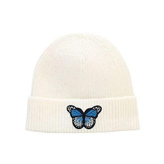 Generic Bonnet de ski en tricot chaud pour femme Motif papillon brod&eacute;, blanc, Taille unique
