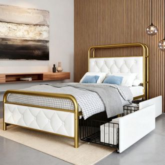 Generic Samt-Polsterbett mit Metallgestell, 90x200 cm Einzelbett mit App-LED-Steuerung, USB-C-Ladung und 2 Schubladen