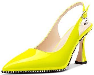 Castamere Femmes Slingback Kitten Talon Heel Ferm&eacute; Pointu Bout Escarpins Bloc Chunky Mariage Party Dress Chaussures 9 CM Heels Jaune 37 EU