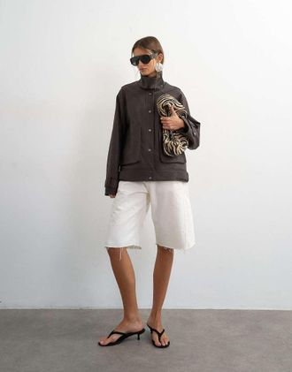 Topshop Veste en similicuir &agrave; col chemin&eacute;e - Chocolat-Marron