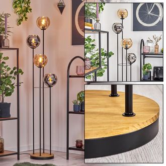 HOFSTEIN Stehleuchte Koyoto, Stehlampe aus Metall/Holz/Glas in Schwarz/Dunkelbraun/Bernstein/Chrom/Rauch, Leuchte im Vintage-Design (Schirme &Oslash; 15cm), Fu&szlig;schalt