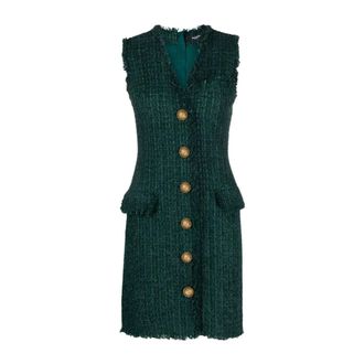 Balmain V-Ausschnitt Tweed-Minikleid mit Kn&ouml;pfen - - Dresses - Damen - Gr&uuml;n - XS