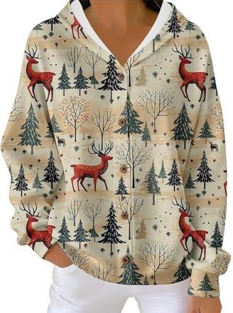 Generic Sweat à capuche de Noël pour femme avec boutons et col en V - Cardigan à manches longues - Imprimé amusant - Pull à capuche décontracté pour les vacan