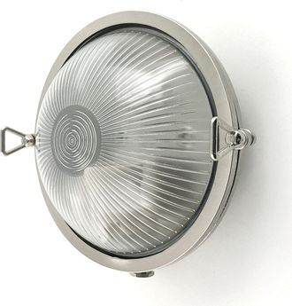 Licht-Erlebnisse Wand Außenleuchte klein rund Ø 17,5 cm Messing Riffelglas E27 IP64 rostfrei regenfest Maritim Outdoor Wandlampe außen Kellerlampe Feuchtraumleuchte